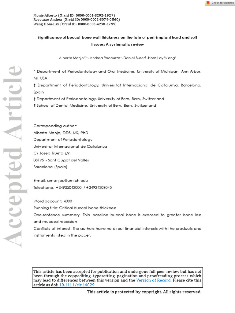 Clinical Oral Implants Res - 2023 - Monje - Significance of Buccal Bone Wall Thickness On The ...