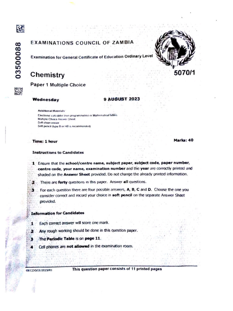 G12 Chemistry 2023 P1 GCE | PDF