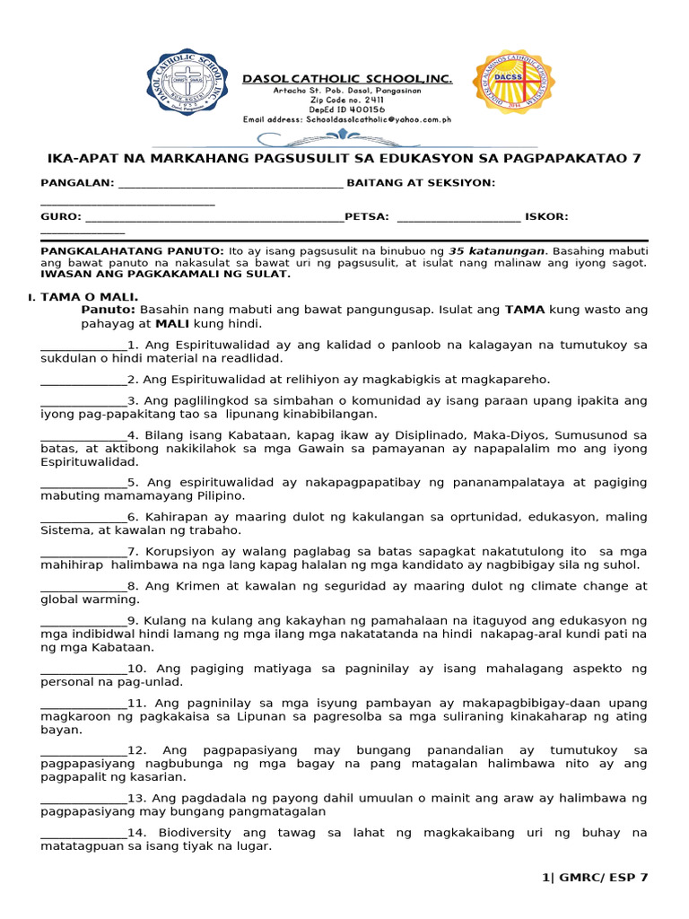 Esp 7 q4 Tqs With Tos Periodical Examination | PDF