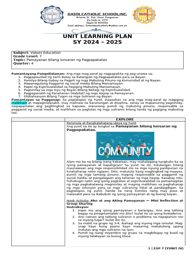 Esp 7 Q4 Unit Learning Plan | PDF