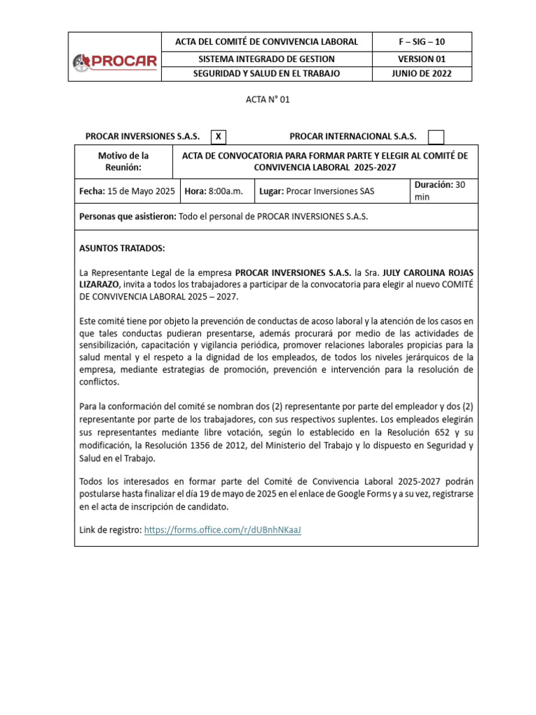 Acta #01 Convocatoria Comite de Convivencia | PDF | Gobierno