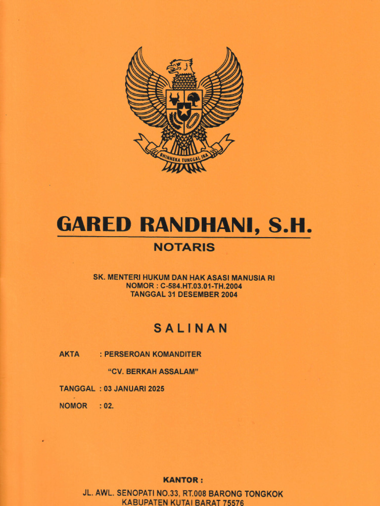 Akta Pendirian CV Berkah Assalam | PDF