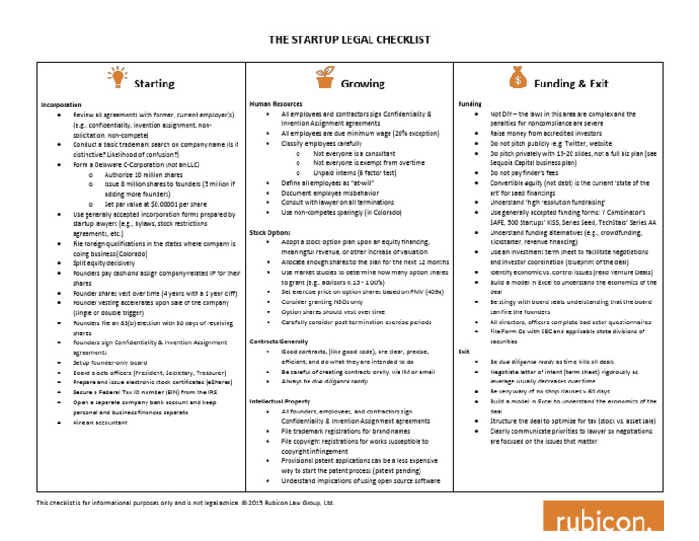 Rubicon Startup Legal Checklist | PDF | Stocks | Employment