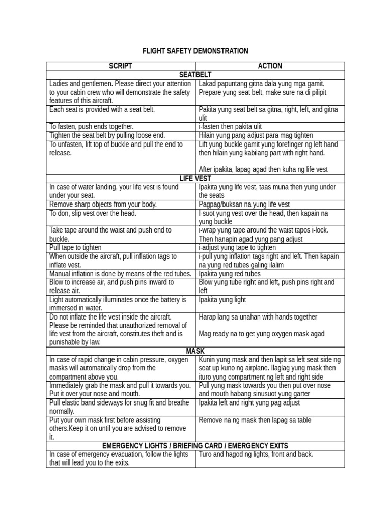 Flight Safety Demo Script | PDF | Seat Belt | Safety