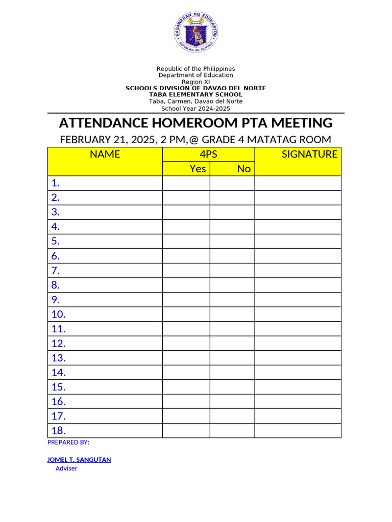 Attendance Home Room Pta Meeting | PDF