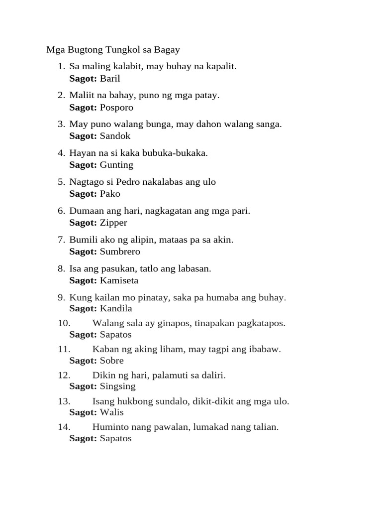 Mga Bugtong Tungkol Sa Bagay | PDF