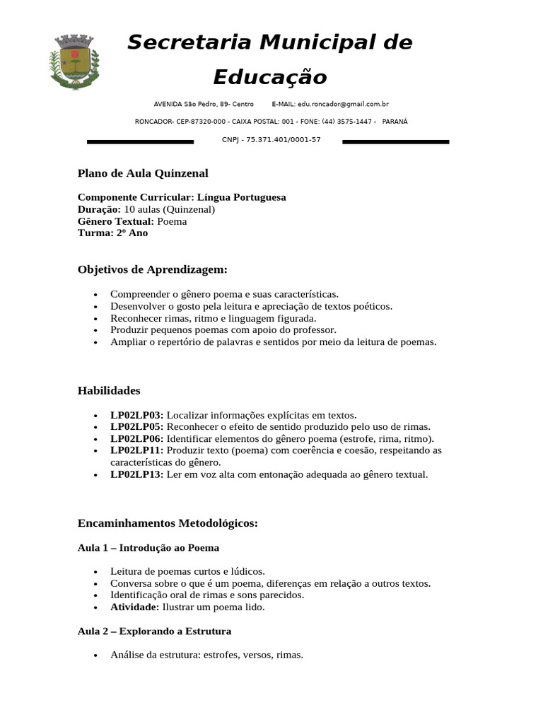 Plano de Aula Quinzenal - Modelo | PDF | Poesia | Aprendizado