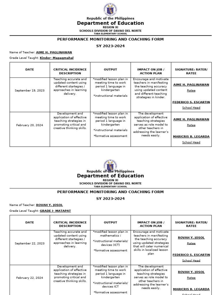 Teacher Performance Coaching Form 2023-2024 | PDF | Educational ...