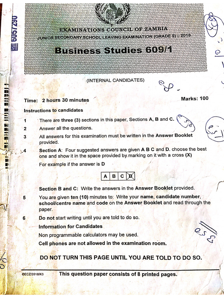 ECZ 2018 Grade 9 Business Studies Internal 2 | PDF
