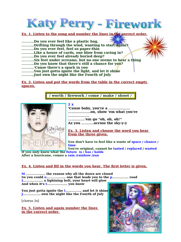 Song Worksheet Katy Perry Firework Activities With Music Songs Nursery ...
