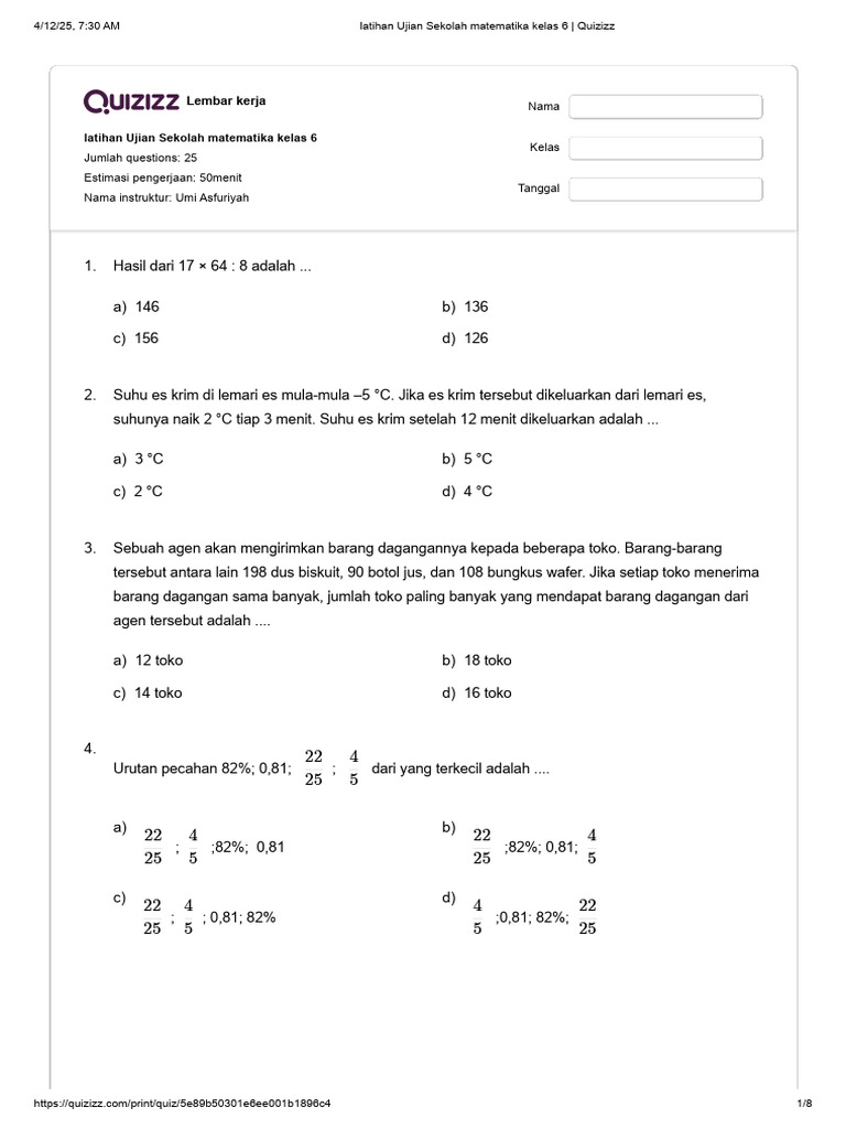 Latihan Ujian Sekolah Matematika Kelas 6 - Quizizz | PDF
