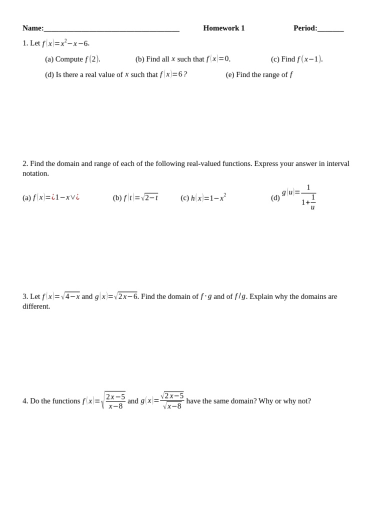 HW1 Domain Range WKST | PDF