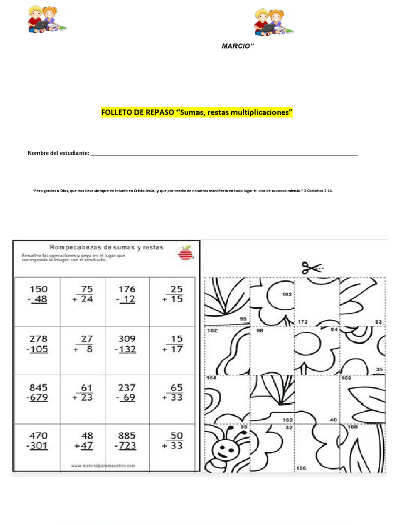 Folleto de Repaso Sumas, Restas, Multipliacaiones. Segundo | PDF