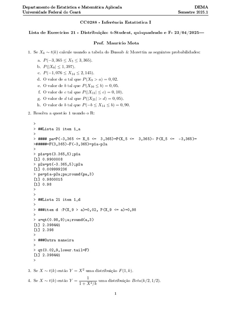 Lista21 ProbII T Student-Qui F | PDF | Probabilidade | Matemática aplicada