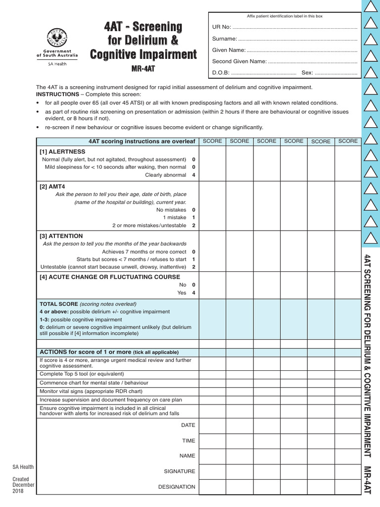 FINAL 4AT Assessment For Delirium | PDF | Dementia | Medicine
