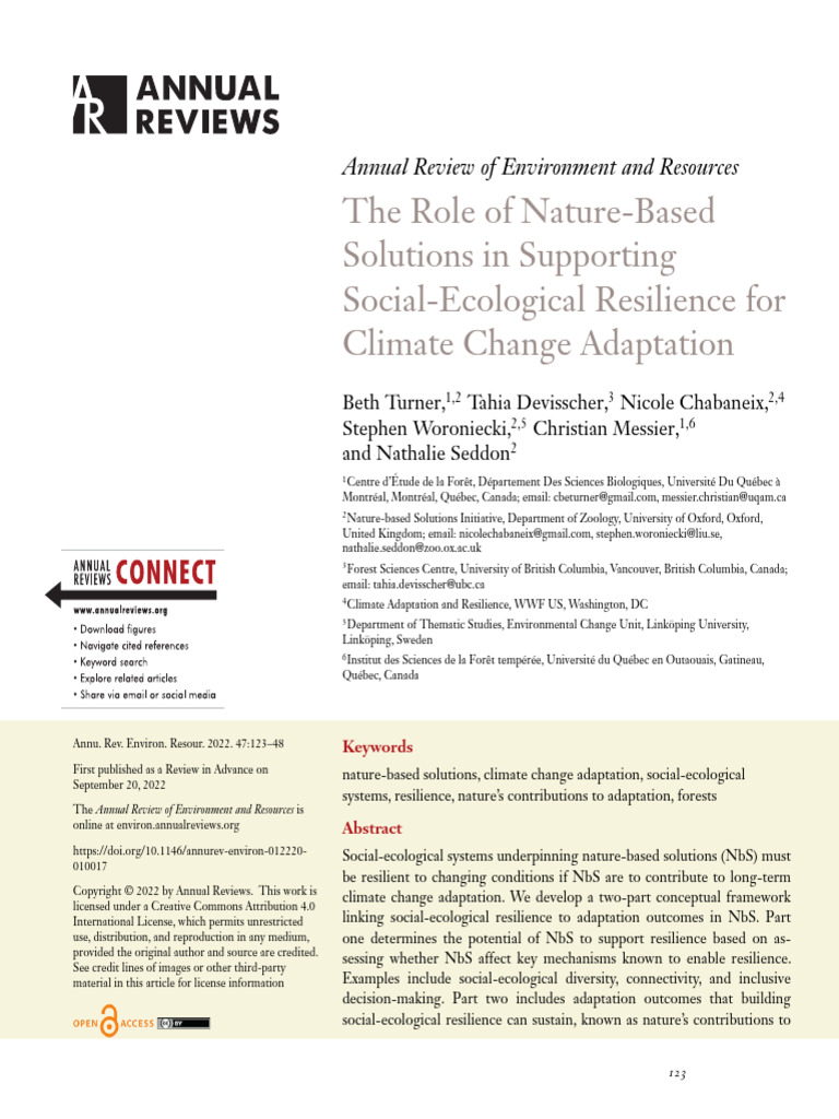 Turner Et Al. 2022 - The Role of Nature-Based Solutions in Supporting Social-Ecological ...