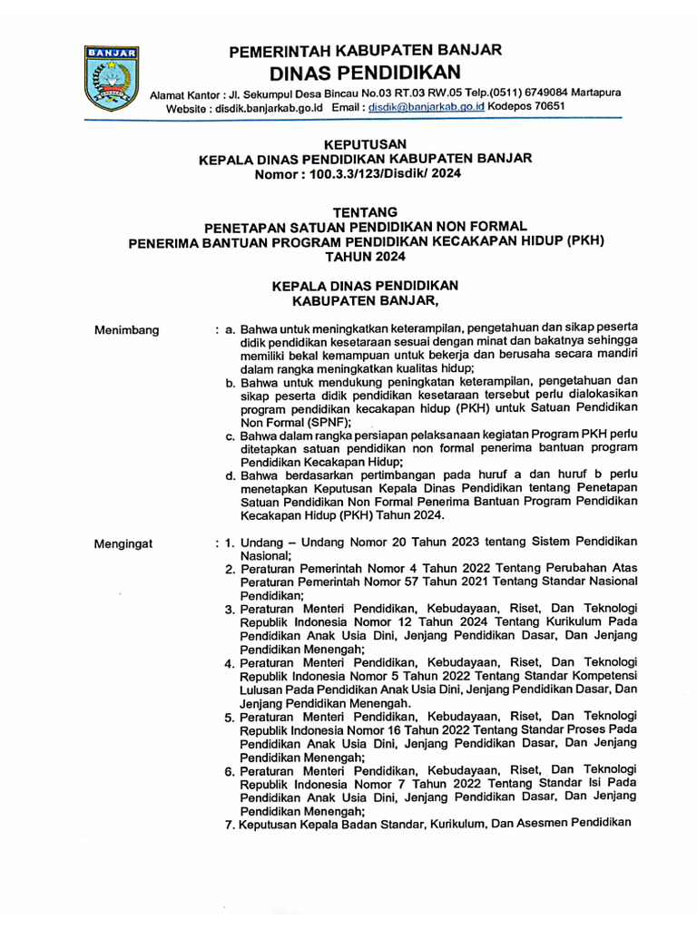 SK Penetapan SPNF Penerima Program PKH 2024 | PDF
