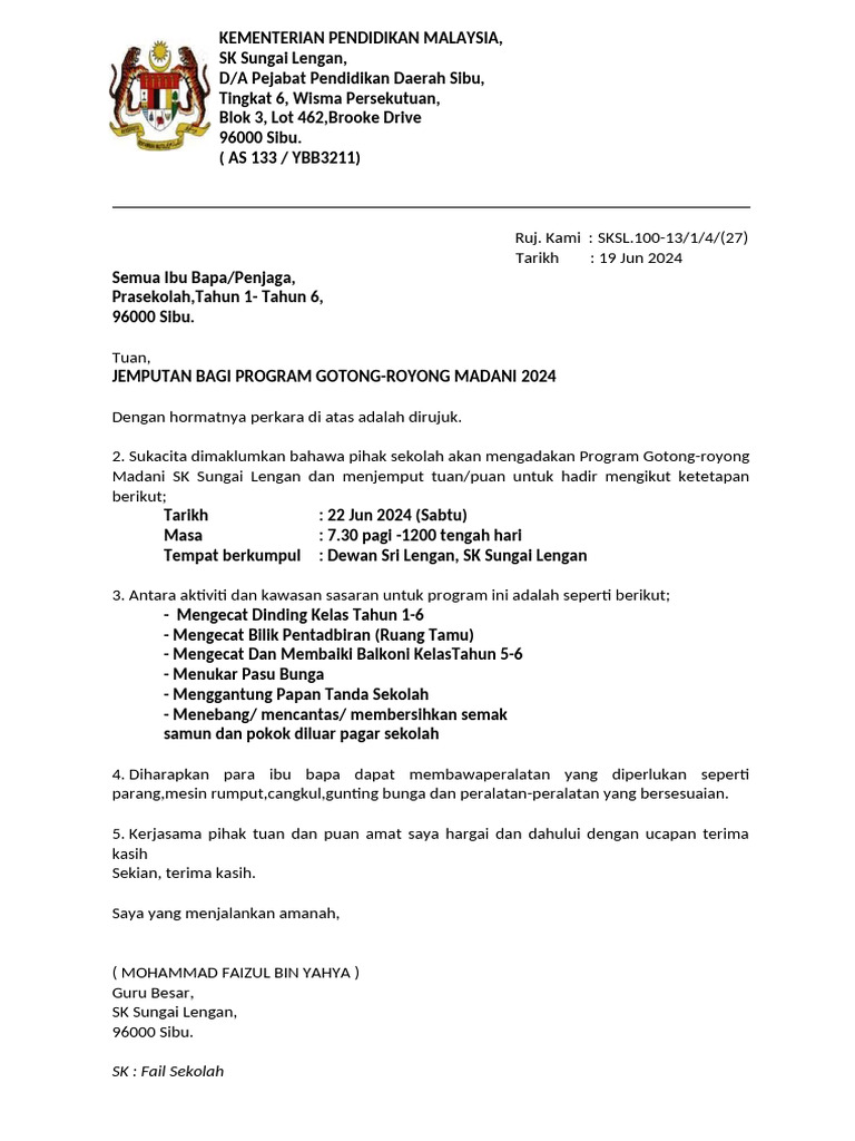 Surat Jemputan Ibu Bapa - Gootng Royong Madaani | PDF