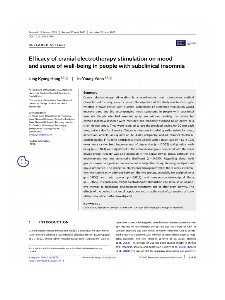Efficacy of Cranial Electrotherapy Stimulation On Mood and Sense of ...