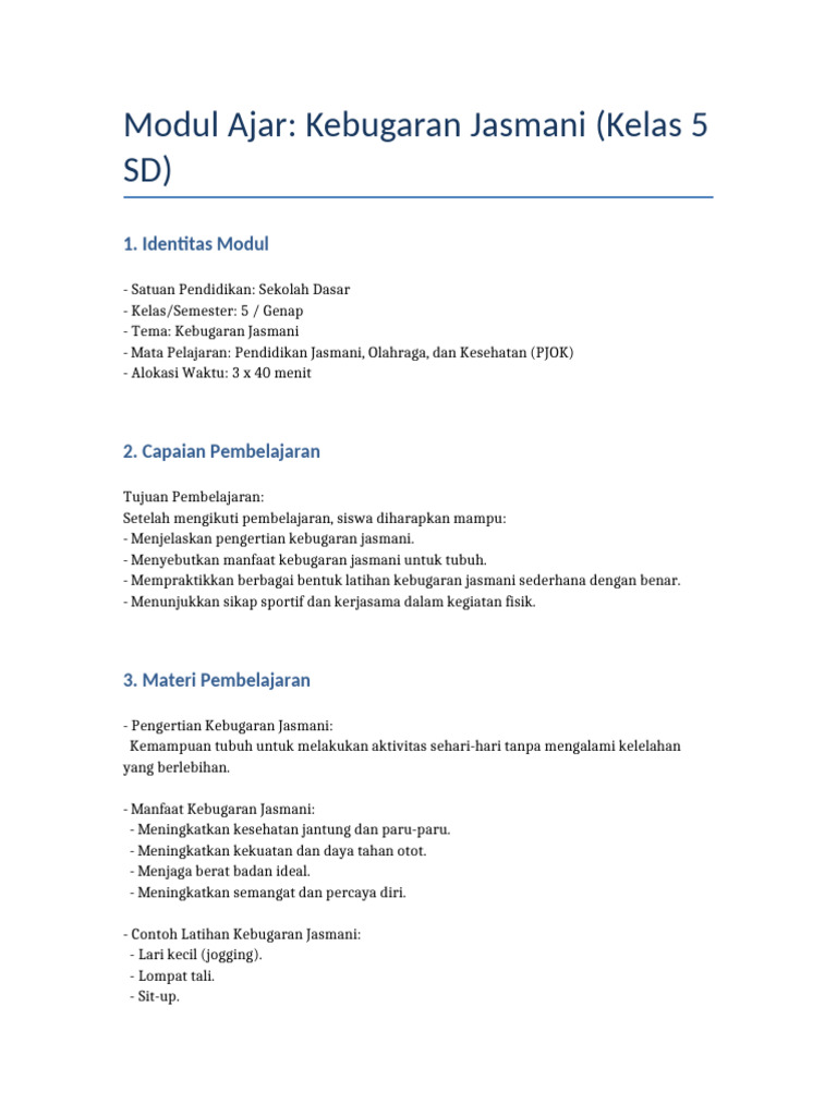 Modul Ajar Dan LKPD Kebugaran Jasmani Kelas 5 | PDF
