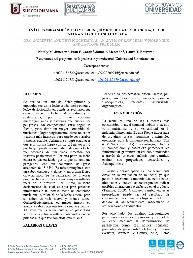 Informe Nº1 de Lacteos Analisis Fisico-Quimico de La Leche Cruda, Entera y Deslactosada | PDF ...