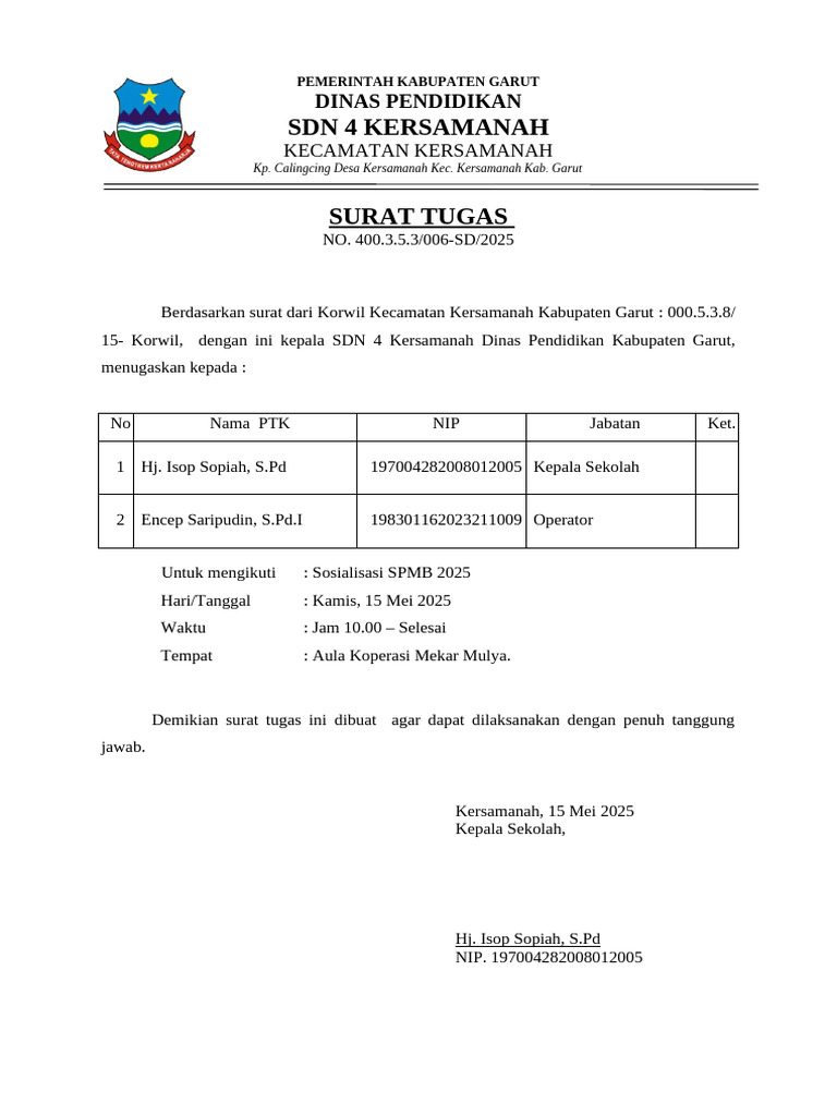 Surat Tugas Sosialisasi SPMB 2025 | PDF