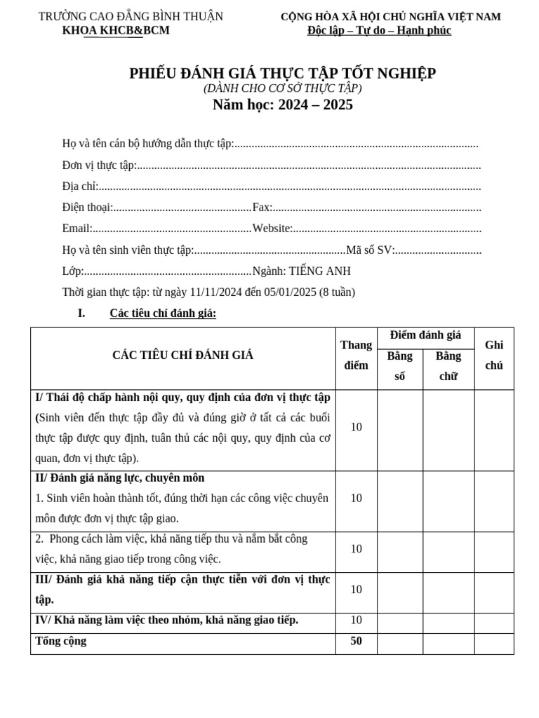 Mẫu 2 - Phiếu đánh giá thực tập - K22 - Cơ sở TT | PDF