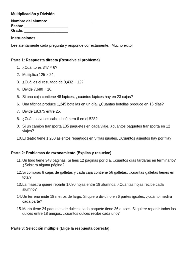 Multiplicación y División EXAMEN 5 Y 6 ° | PDF