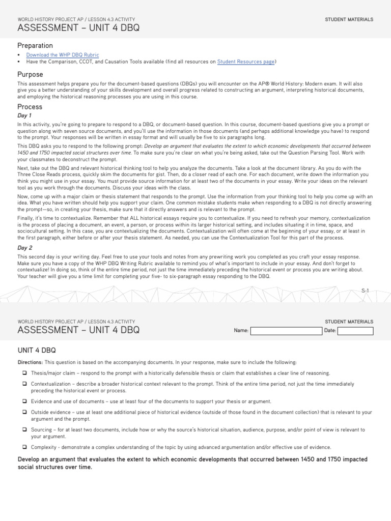 WHP-AP 4-3-14 Alternative Assessment - Unit 4 DBQ Student | PDF | Essays