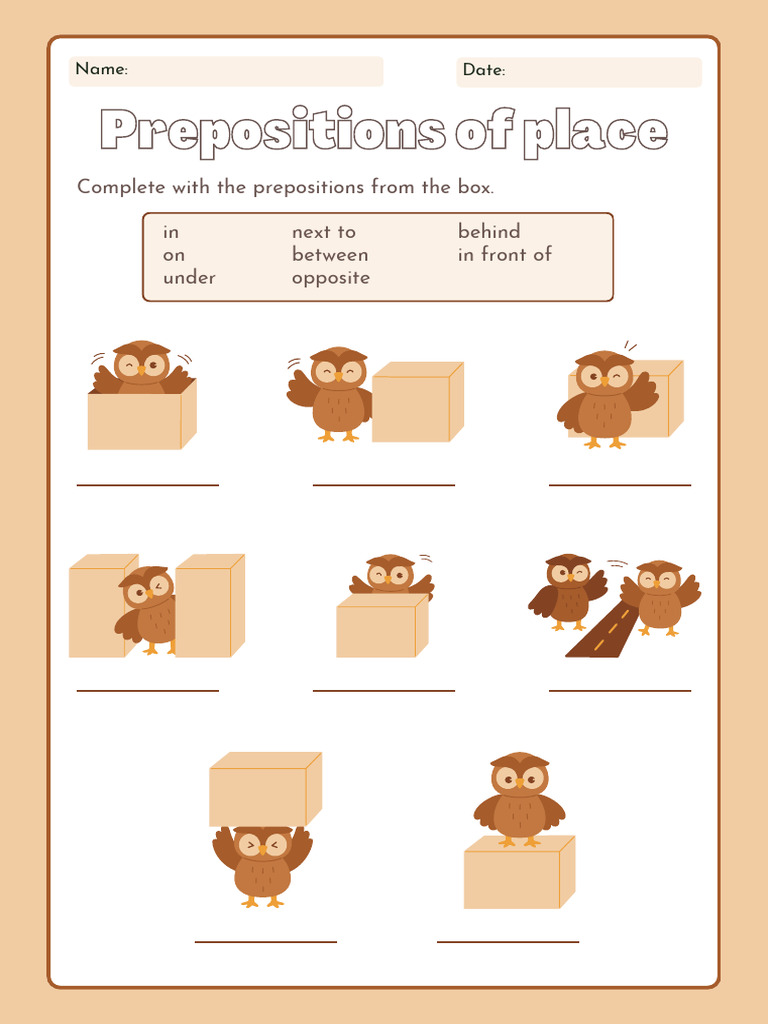 Brown and White Illustrative Prepositions of Place Worksheet | PDF