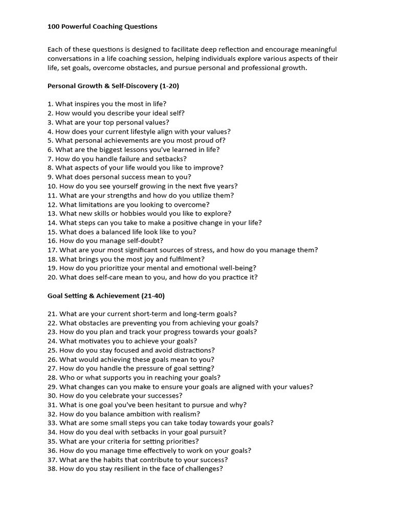 100 Powerful Coaching Questions | PDF | Goal | Psychology