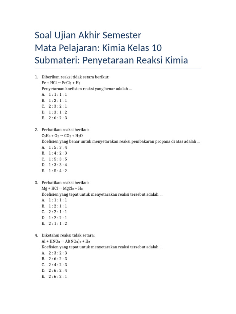 Soal Penyetaraan Reaksi Kimia Kelas 10 | PDF