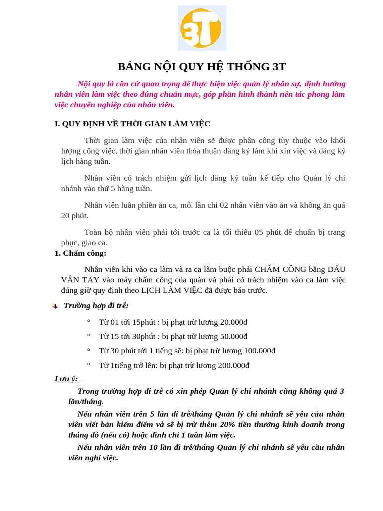 Bảng Nội Quy Hệ Thống 3T 2 1 | PDF