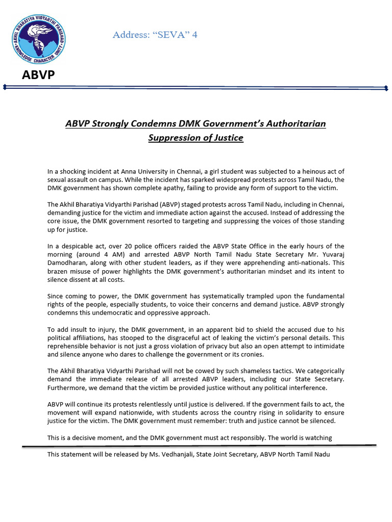 Press Release Anna Univ Issue 1 | PDF | Protest | Justice