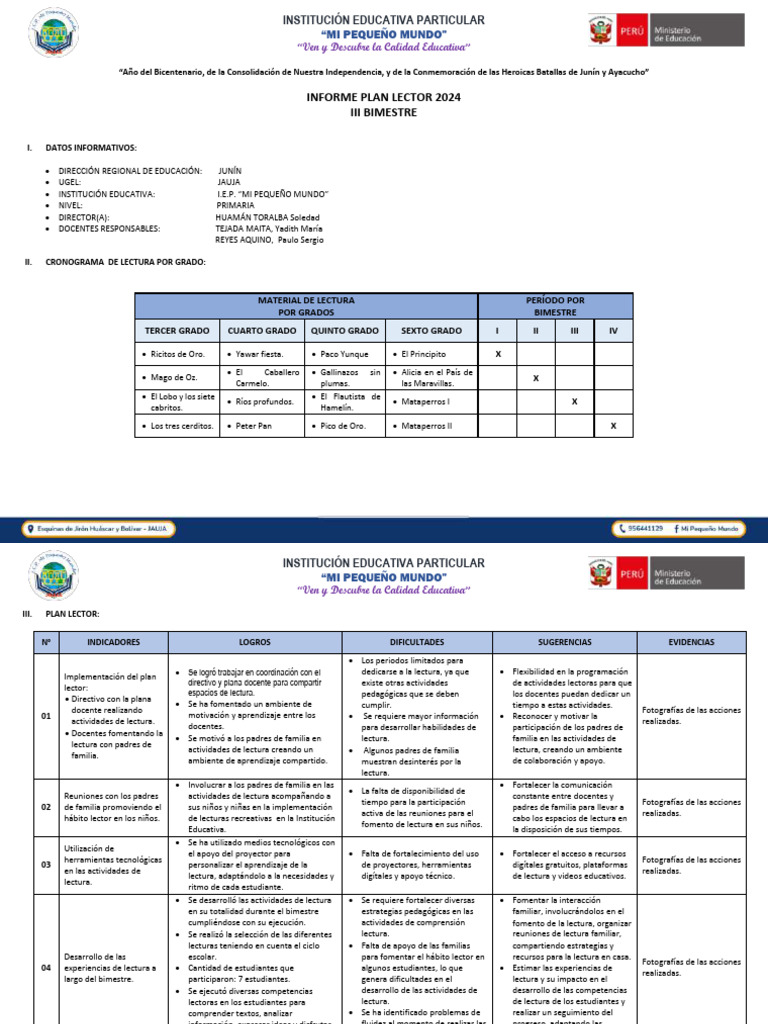 Informe 4°plan Lector Iii Bim-2024 | PDF | Enseñando | Aprendizaje