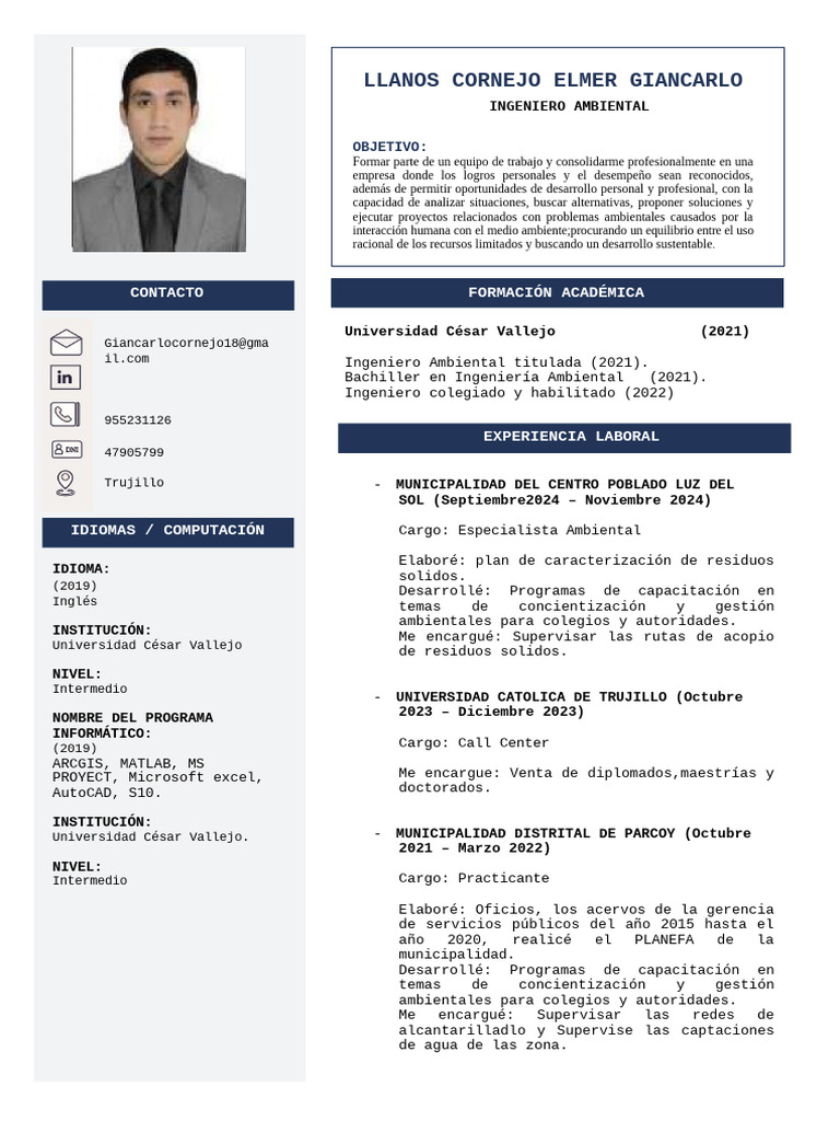 CV GIANCARLO LLANOS CORNEJO Completo | PDF | Ingeniero