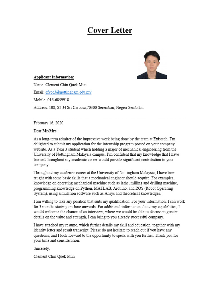 Cover Letter Existech | PDF