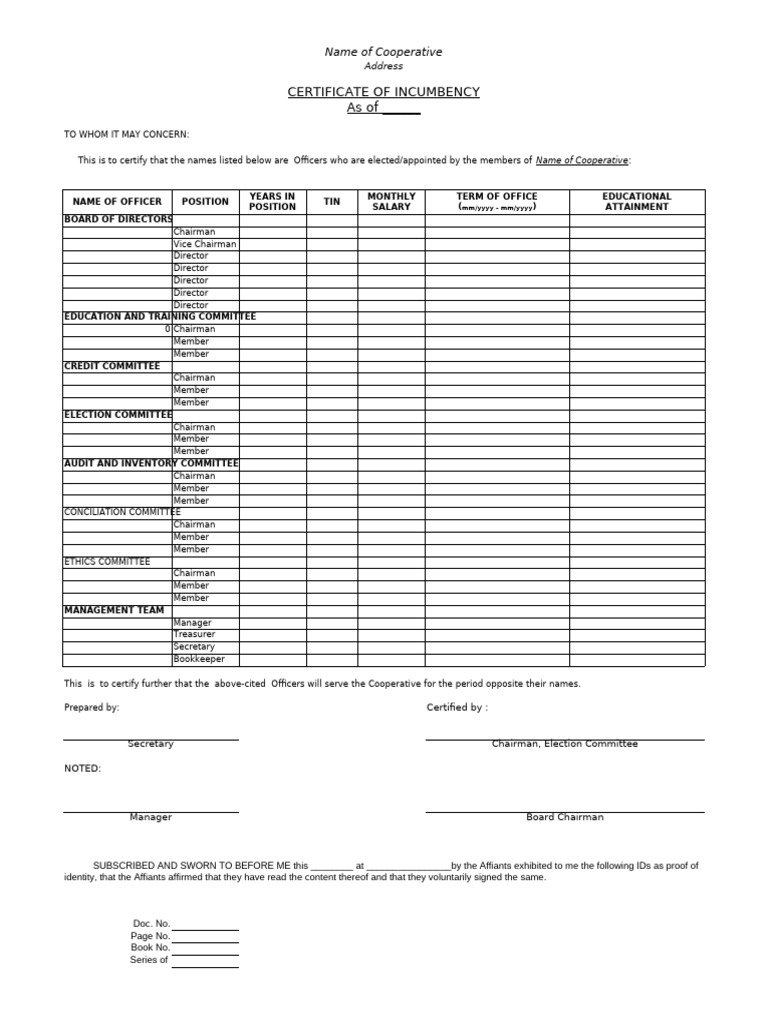 Certificate of Incumbency for Cooperative | PDF
