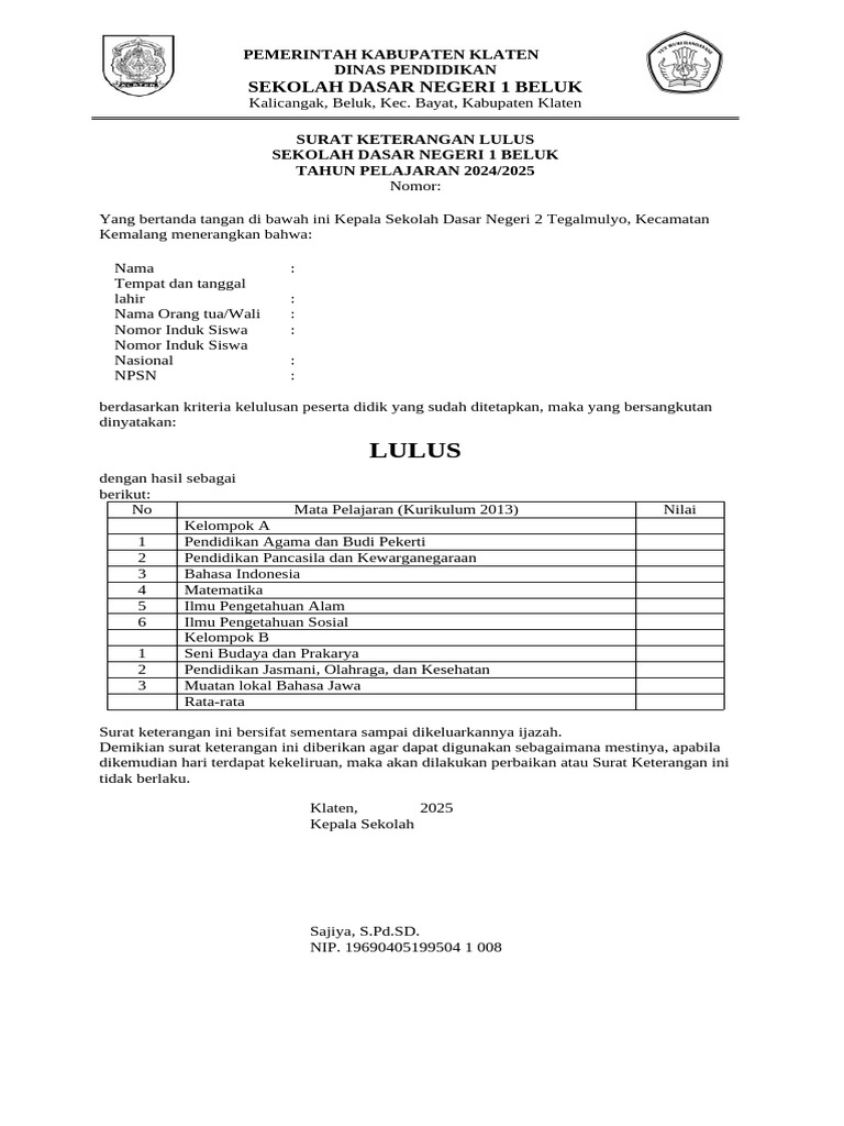 SURAT KETERANGAN LULUS FORMAT | PDF
