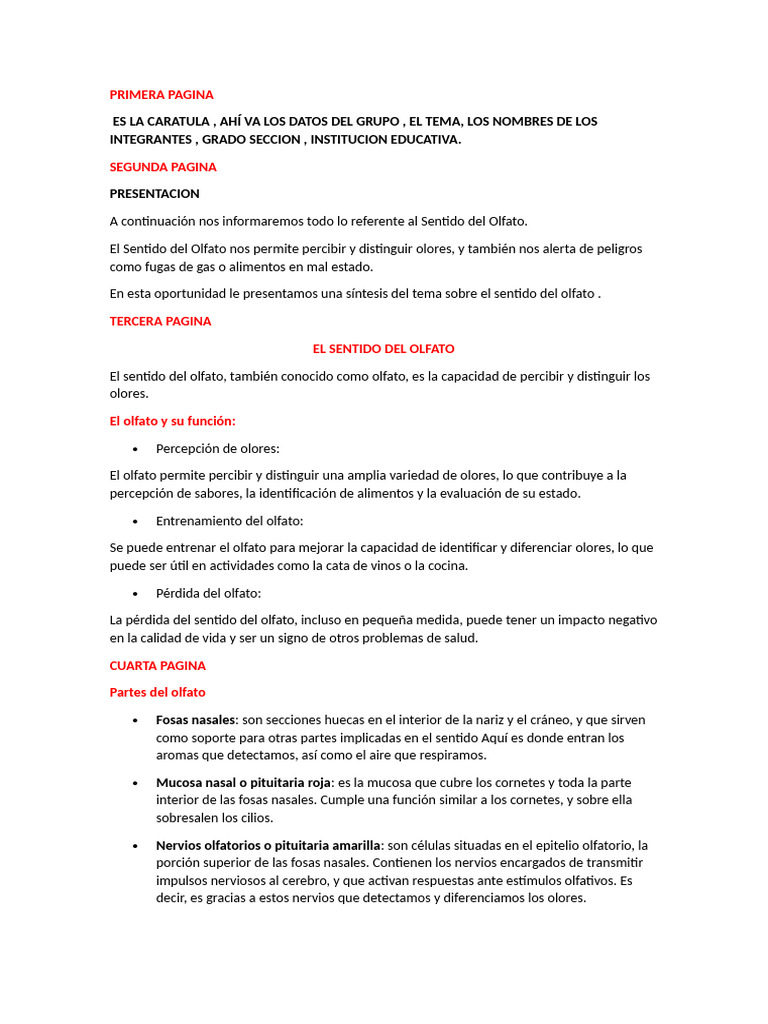 Triptico Borrador Del Sentido Del Olfato | PDF | Gusto | Rinología