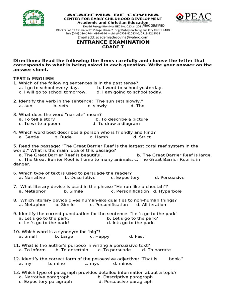 Entrance Exam Grade 7 Level | PDF | Ecosystem | Biology