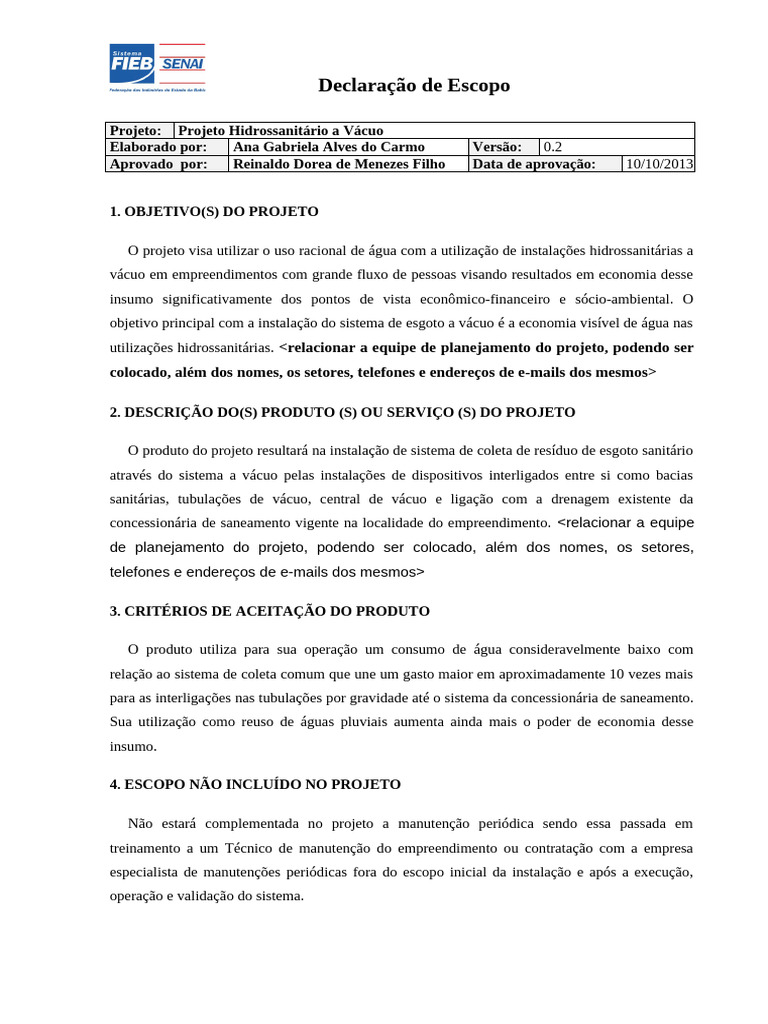 3 - Declaração de Escopo - de | PDF | Águas residuais | Economia