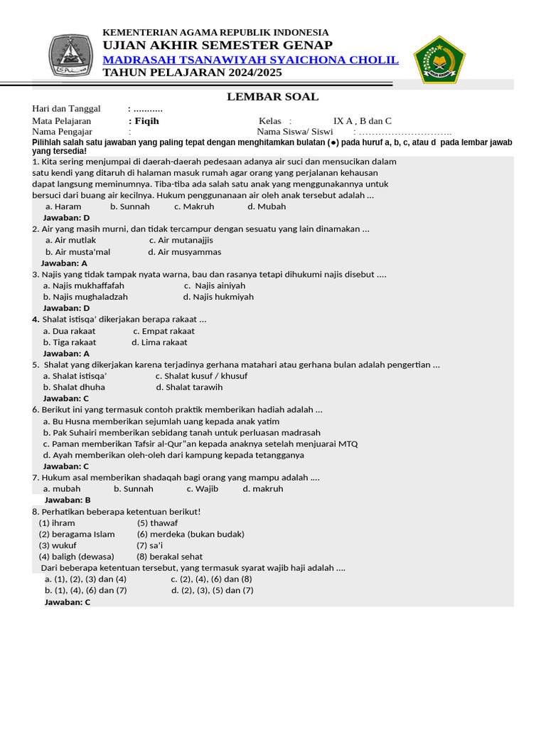 Soal Ujian Akhir Madrasah Fiqih Kls 9 2024-2025-Siswa | PDF