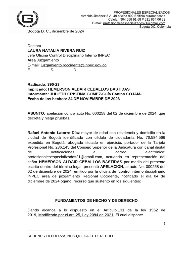 apelación auto 000258- hemerson ceballos | PDF | Policía | Justicia