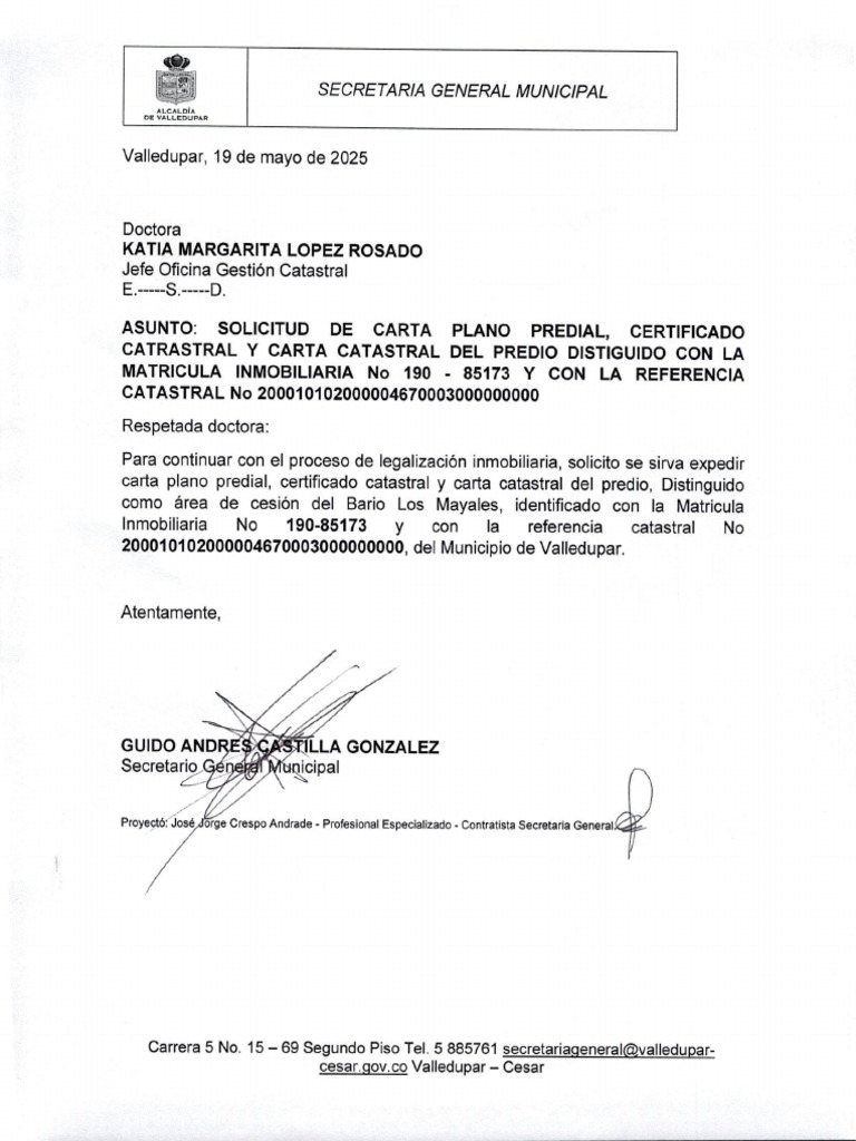Solicitud de Carta Plano, Certificado y Carta Catastral Del Predio Distiguidos Como Cesiòn ...