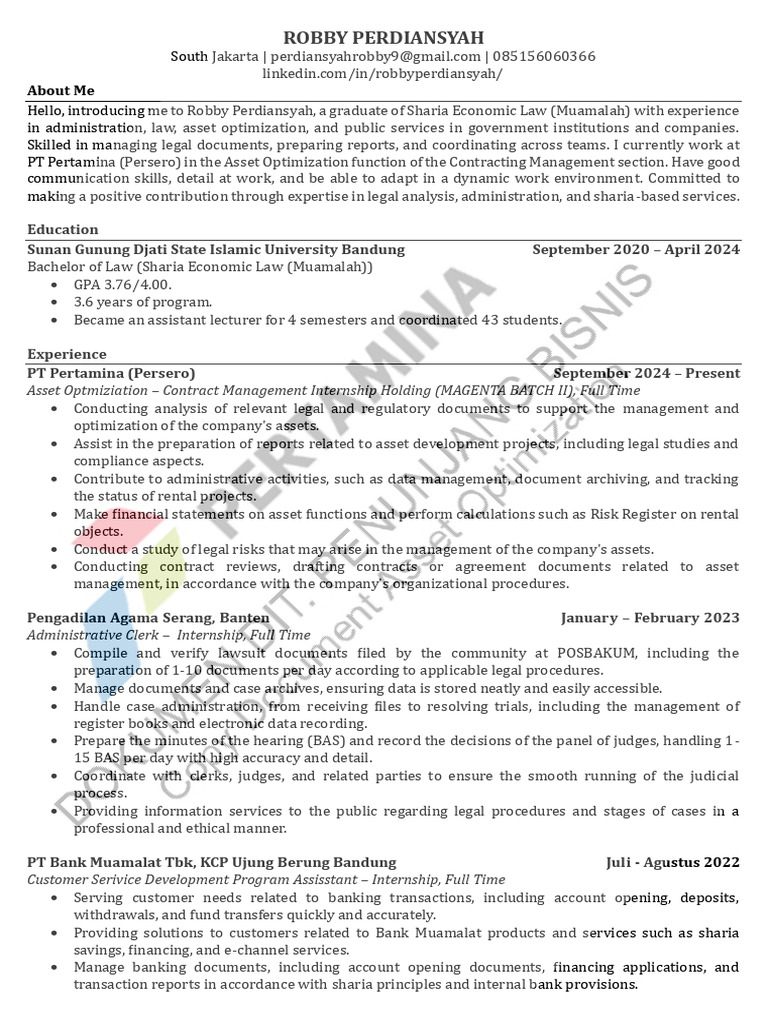 CV - Robby Perdiansyah - Danone - Watermark | PDF | Business