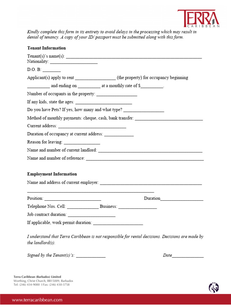 Tenant Application Form | PDF