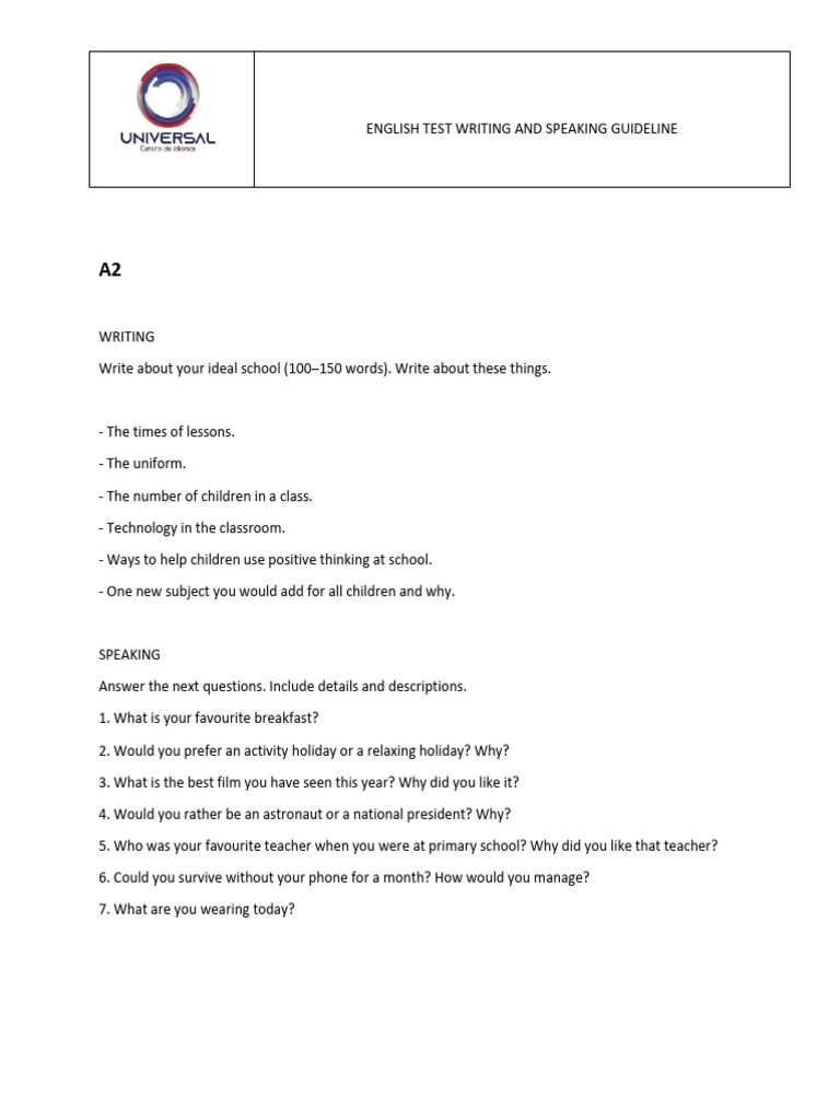 A2 English Test Writing & Speaking Guide | PDF