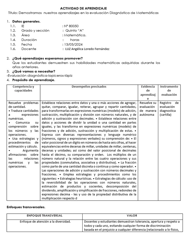 Act 13 Evaluac - Diagnóstica Mat. | PDF | Sustracción | Multiplicación
