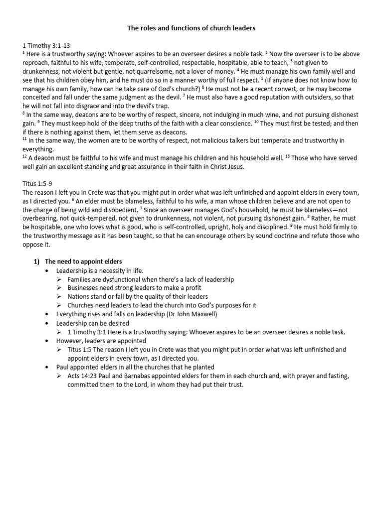 The Roles and Functions of Church Leaders | PDF | Elder (Christianity ...